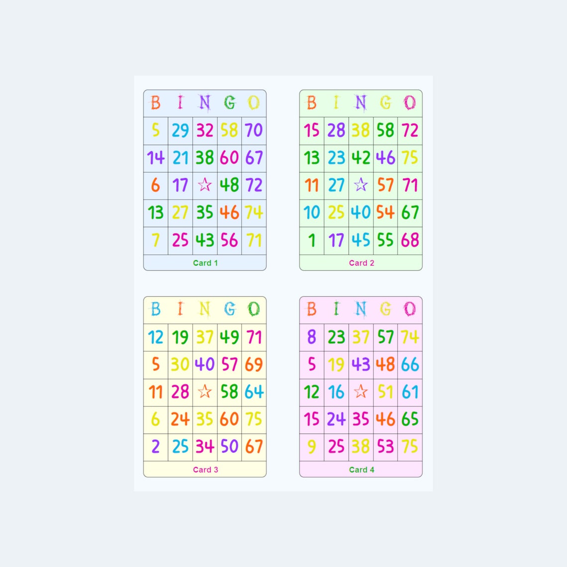 Bingo Cards - 1 to 75 Colored Bingo Cards 4 per Page – 250 Pages / 1000 ...