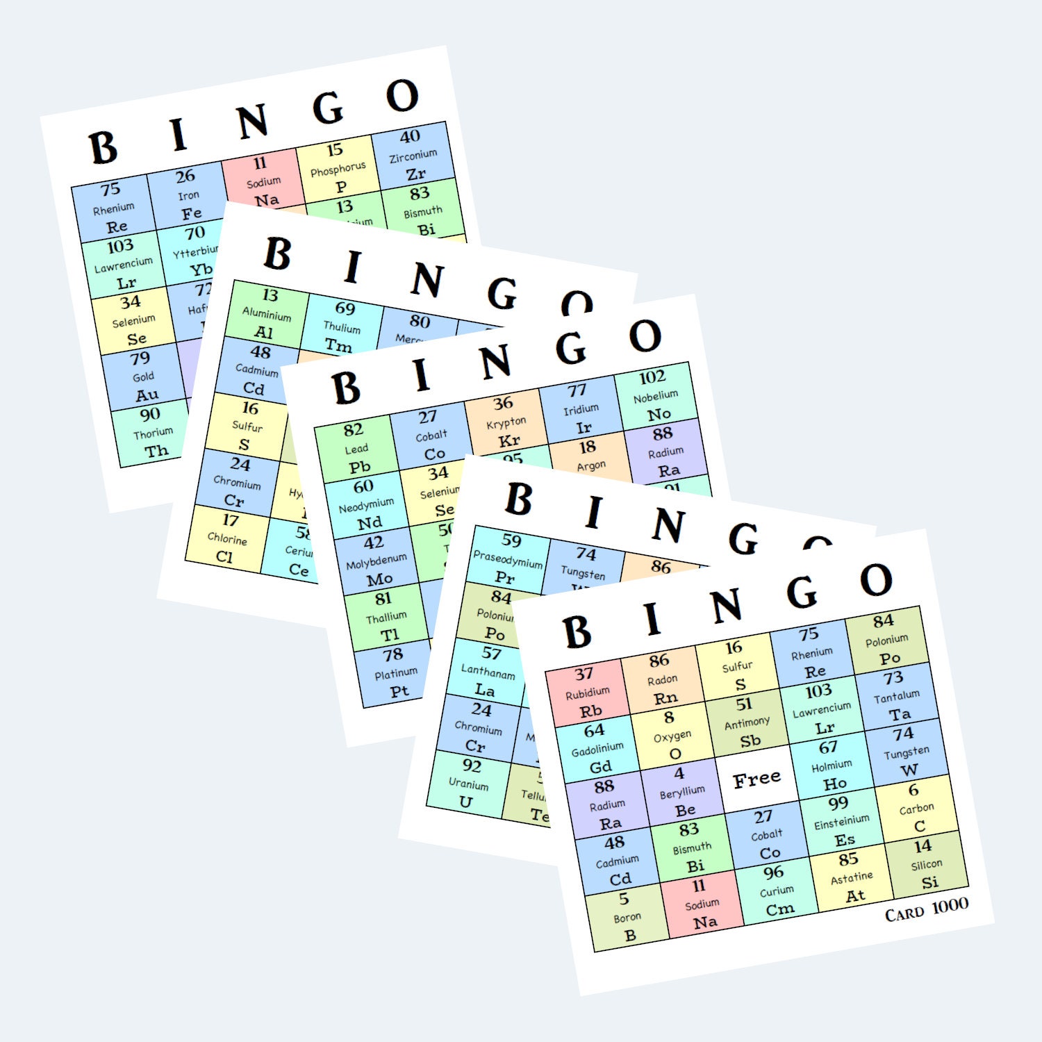Bingo Cards – Periodic Table Novelty Bingo Cards - Printable Bingo ...
