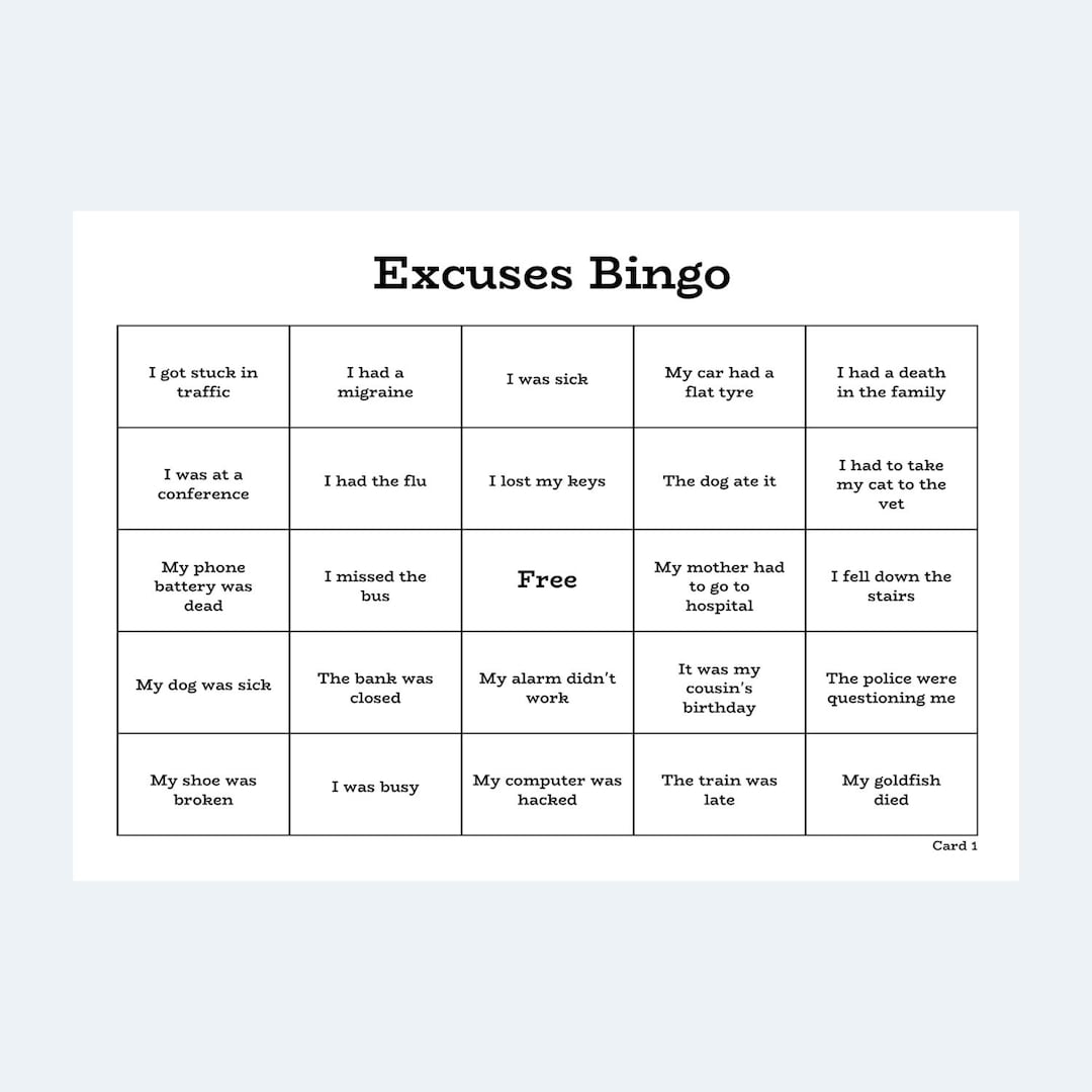 Novelty Bingo Cards – Excuses Bingo! - 1000 Pages - 1 Card per A4 Page ...