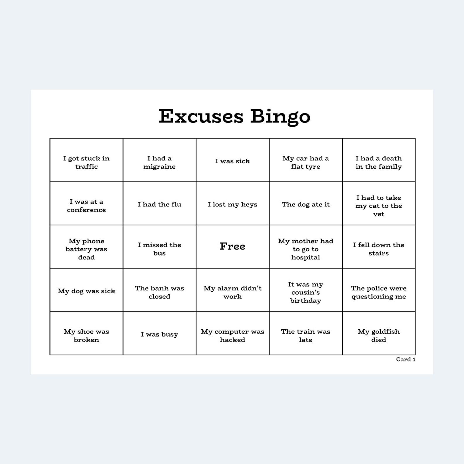 Novelty Bingo Cards – Excuses Bingo! - 1000 Pages - 1 Card per A4 Page ...