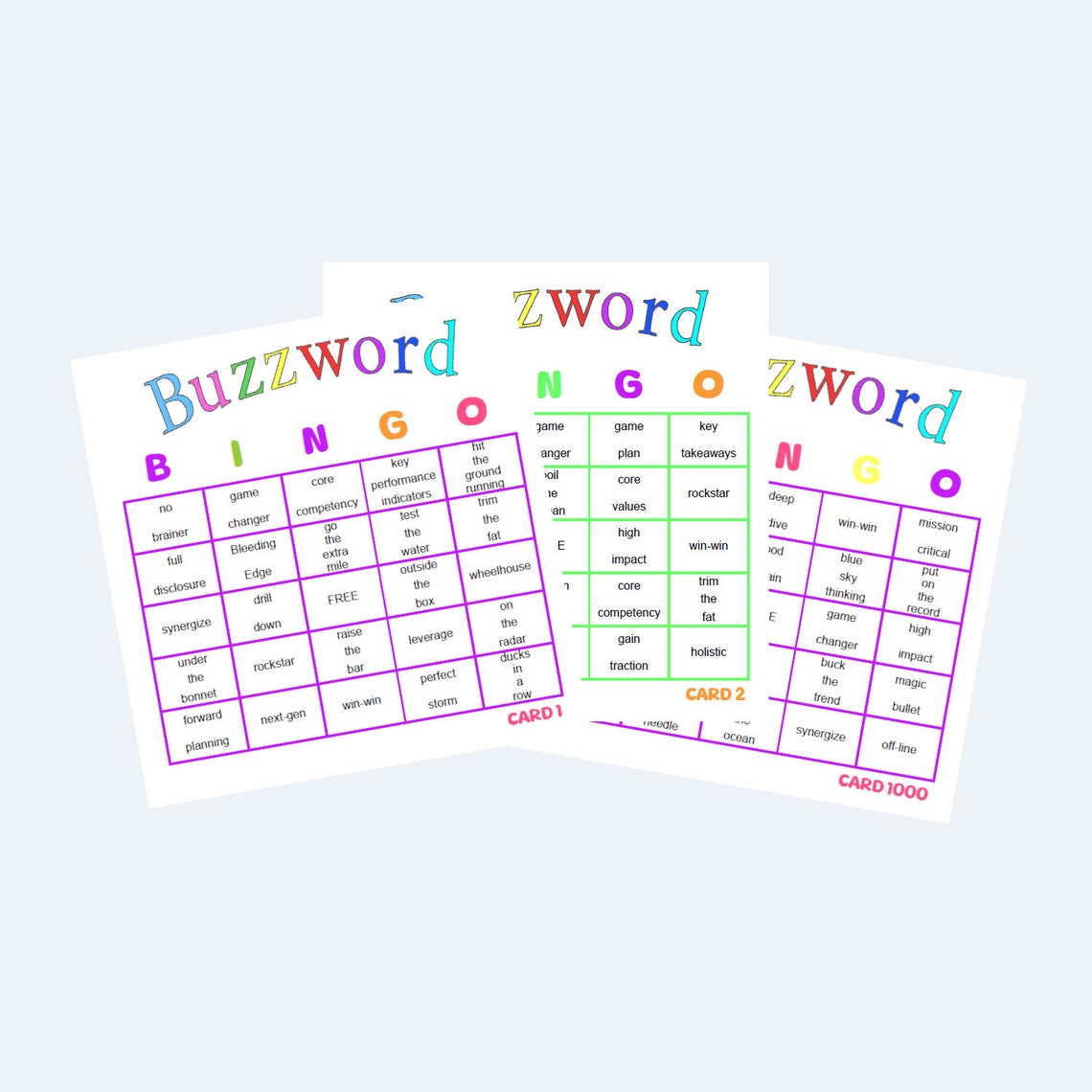 Buzzword Bingo Cards – Colorful Printable Bingo Cards 2 per Page - 500 ...