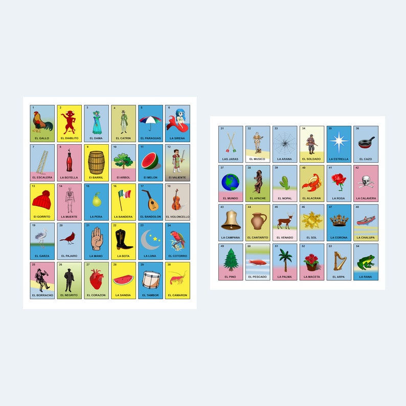 Loteria Cards - Color Printable Loteria Cards - 2 per Page – 1000 Cards ...