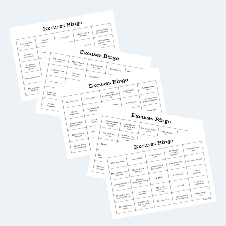 Novelty Bingo Cards – Excuses Bingo! - 1000 Pages - 1 Card per A4 Page ...