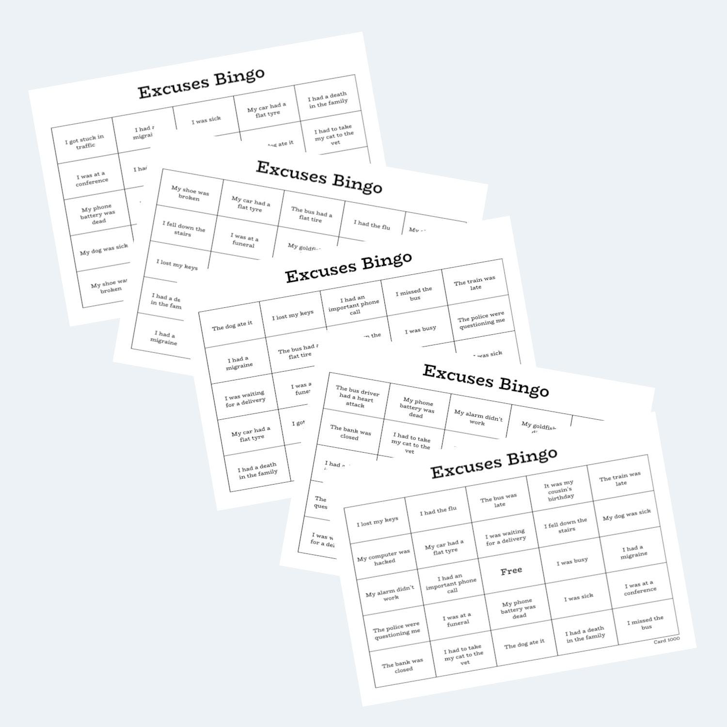 Novelty Bingo Cards – Excuses Bingo! - 1000 Pages - 1 Card per A4 Page ...