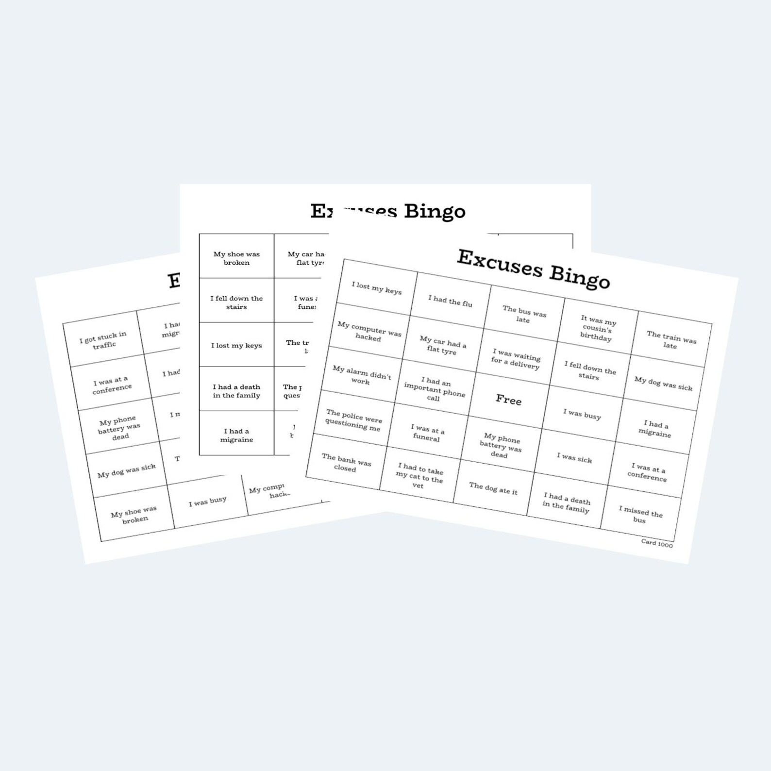 Novelty Bingo Cards – Excuses Bingo! - 1000 Pages - 1 Card per A4 Page ...