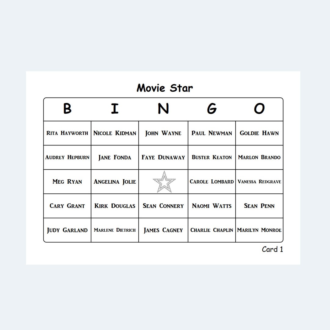 Bingo Cards – Novelty Movie Star Themed Bingo Cards - Printable Bingo ...