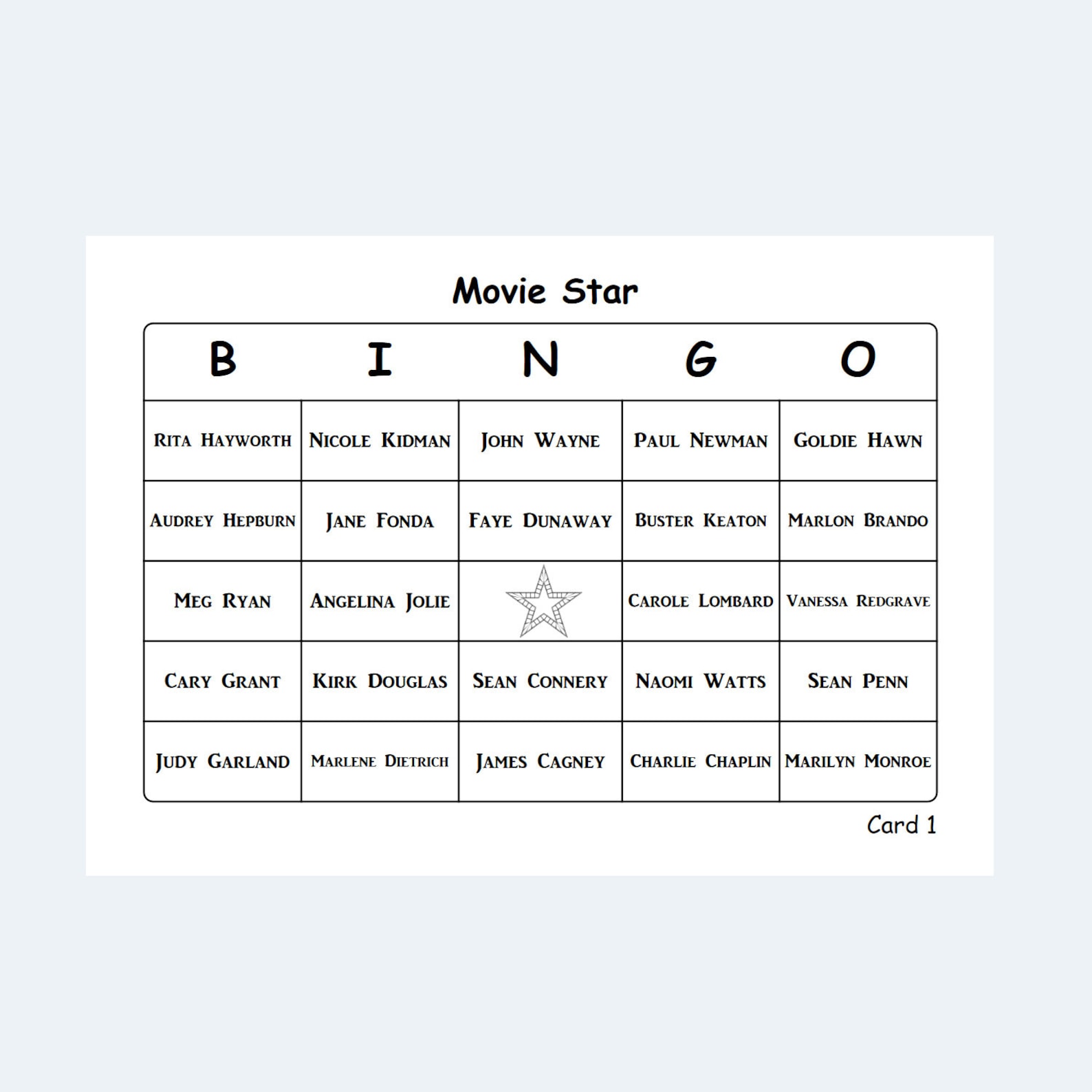 Bingo Cards – Novelty Movie Star Themed Bingo Cards - Printable Bingo ...