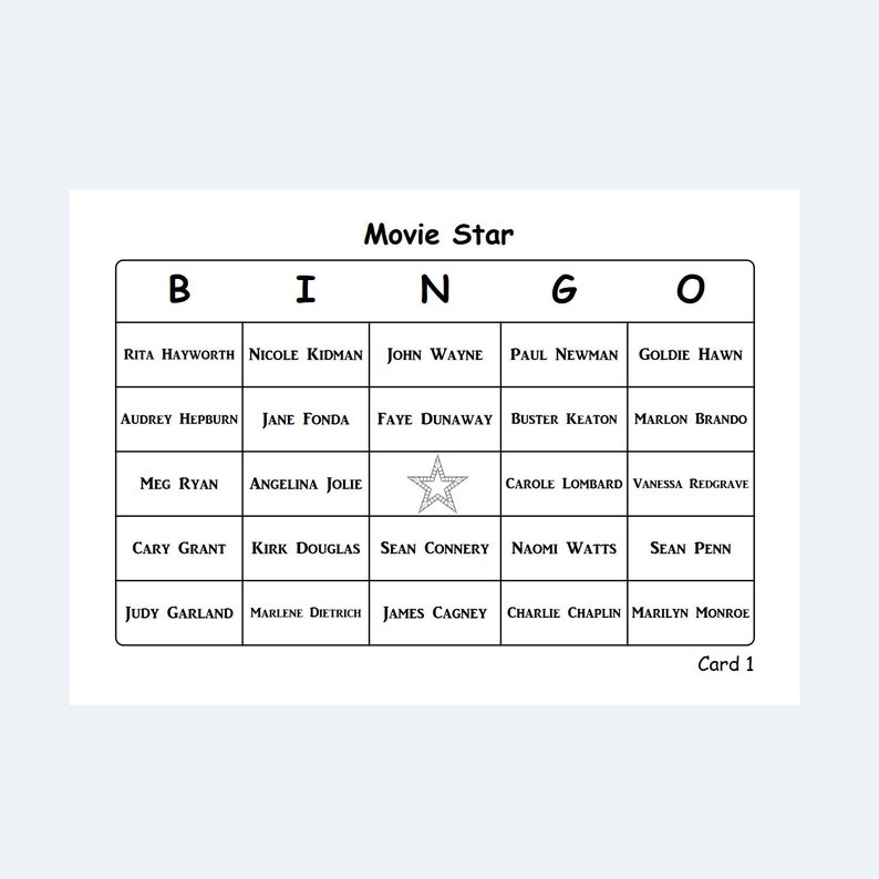 Bingo Cards – Novelty Movie Star Themed Bingo Cards - Printable Bingo ...