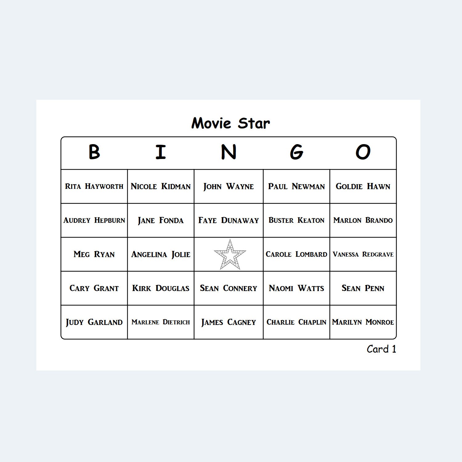 Bingo Cards – Novelty Movie Star Themed Bingo Cards - Printable Bingo ...