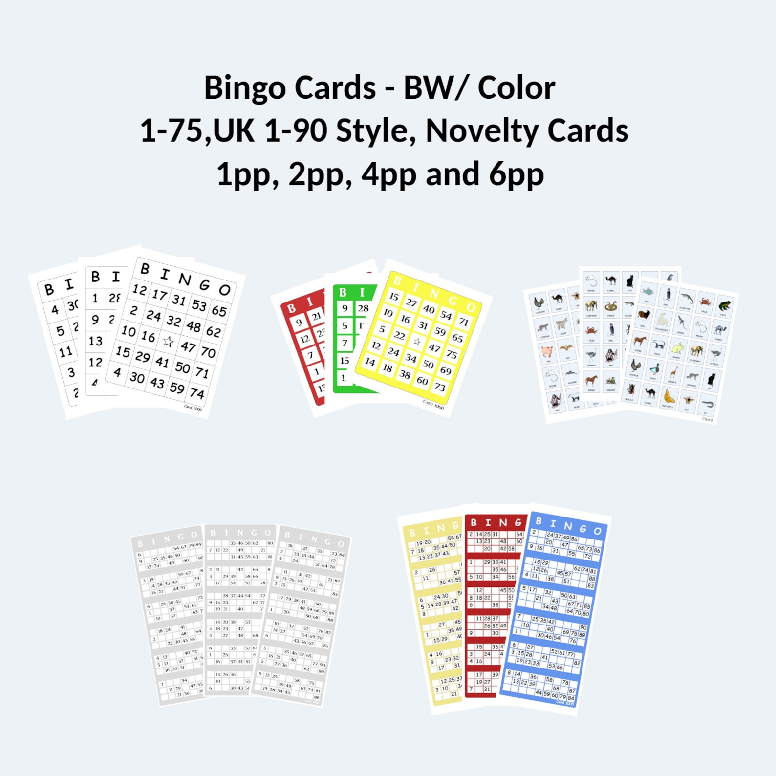 1000 Colorful UK Style 1-90 Bingo Ticket Cards, 2 Cards per (A4) Page ...