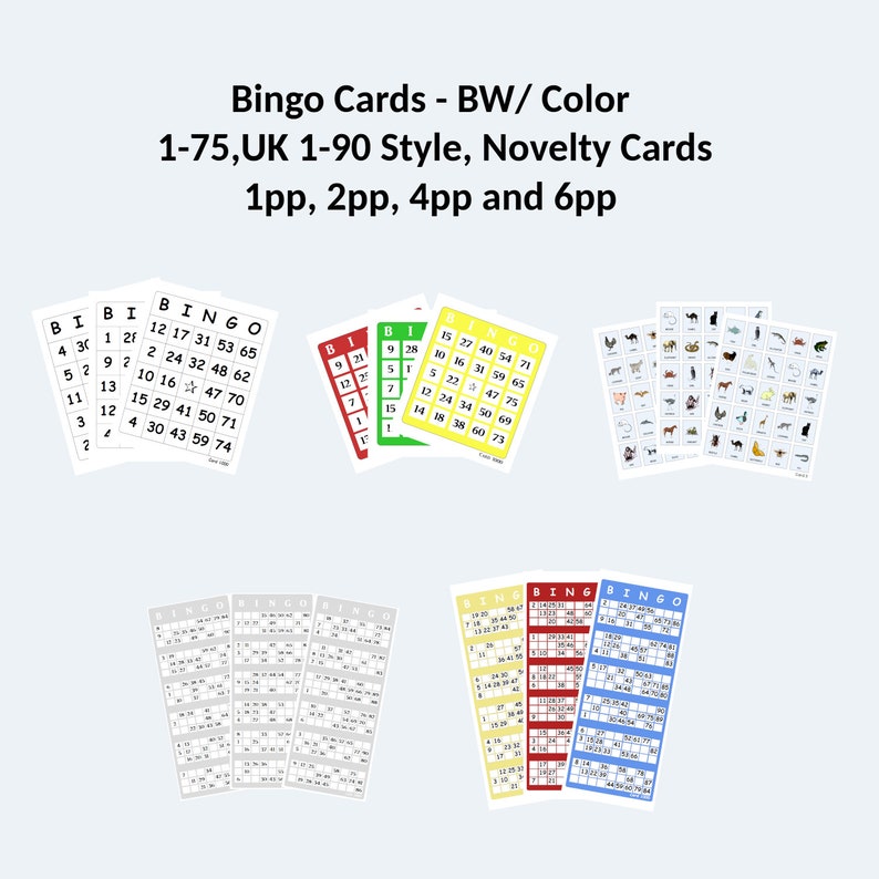 1000 Colorful UK Style 1-90 Bingo Ticket Cards, 2 Cards per (A4) Page ...