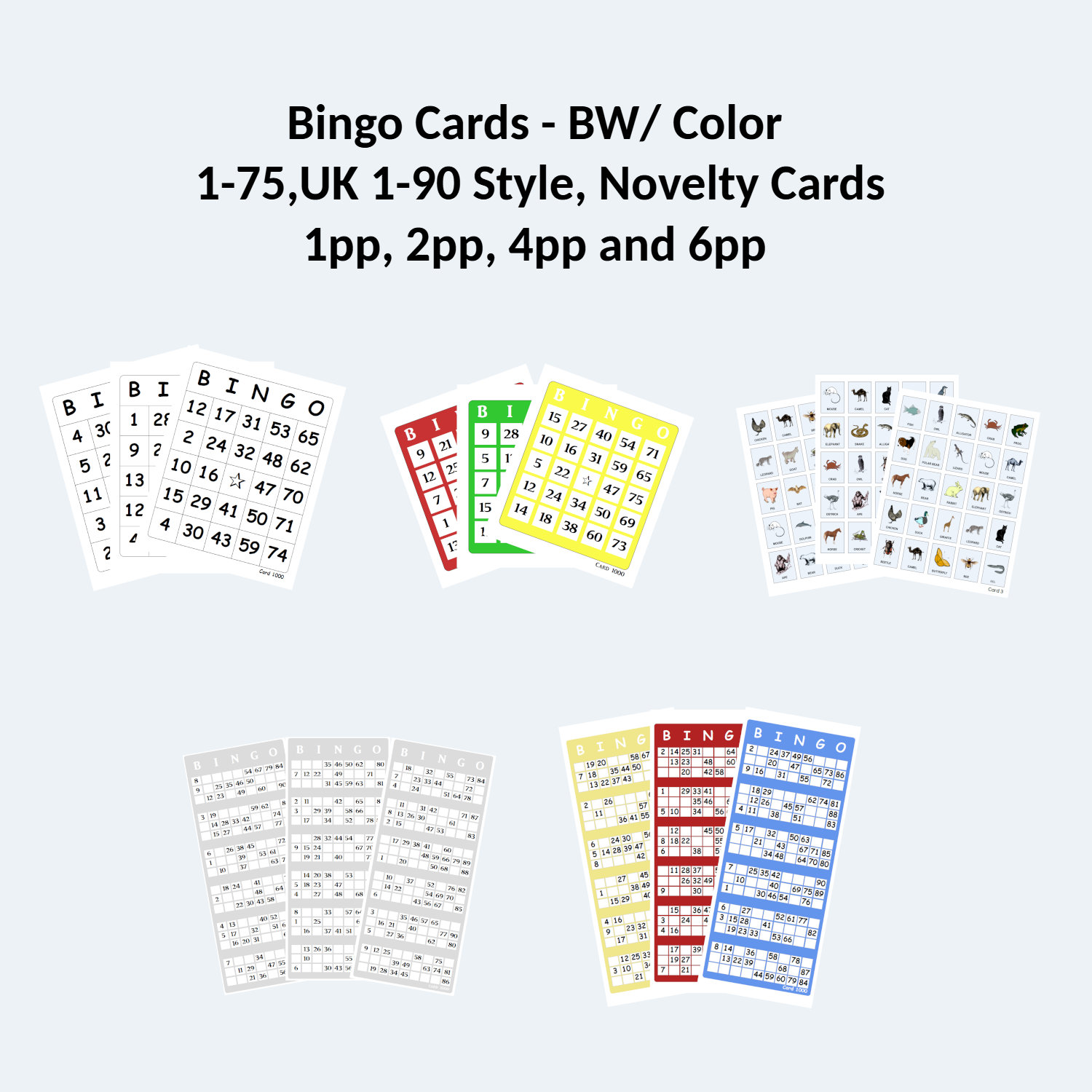 1000 Colorful UK Style 1-90 Bingo Ticket Cards, 2 Cards per (A4) Page ...