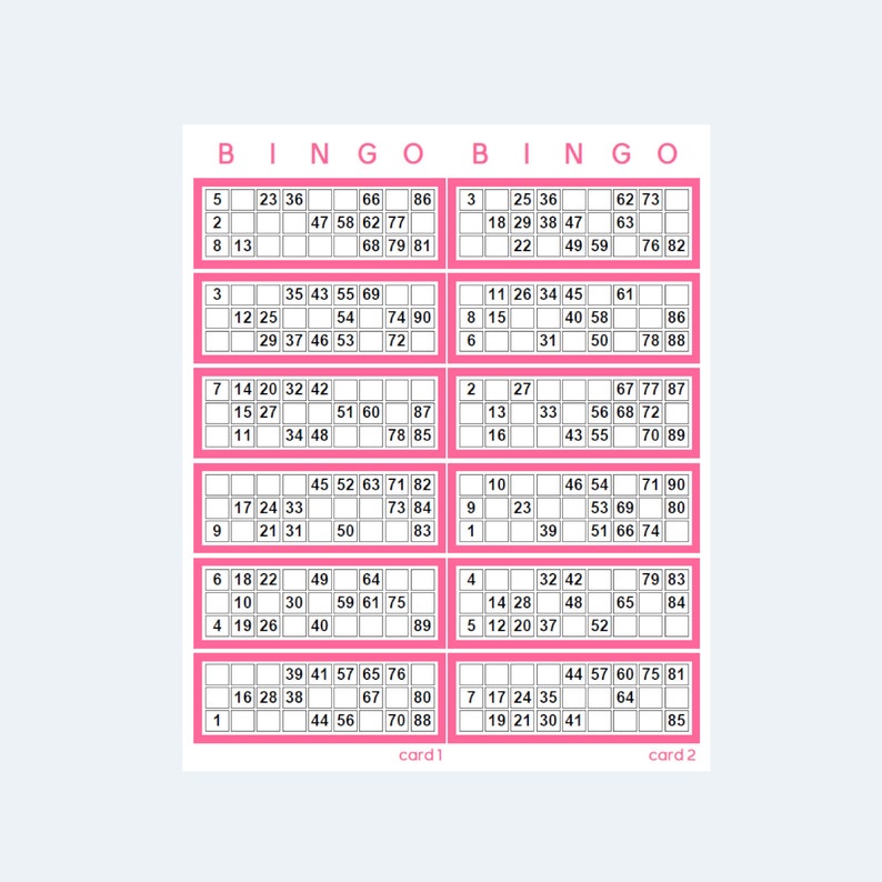 Printable UK Style 1-90 Bingo Ticket Cards 2 per Page 500 Pages / 1000 Cards Pretty in Pink ...