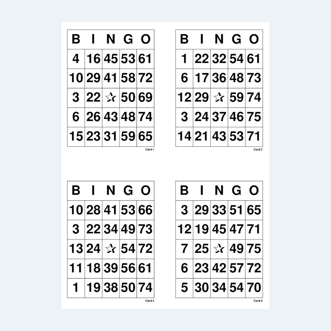 Bingo Cards – Printable 1 to 75 Bingo Cards - 4 per Page – 1000 Cards ...