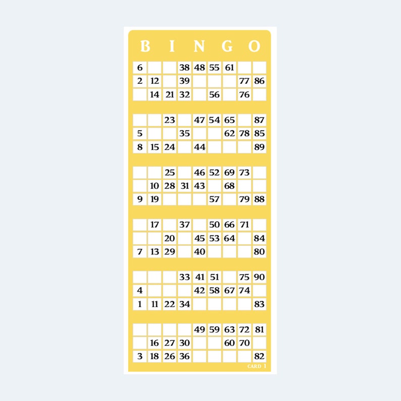 Printable UK Style 1-90 Colour Bingo Ticket Cards, 2 Cards per Page ...