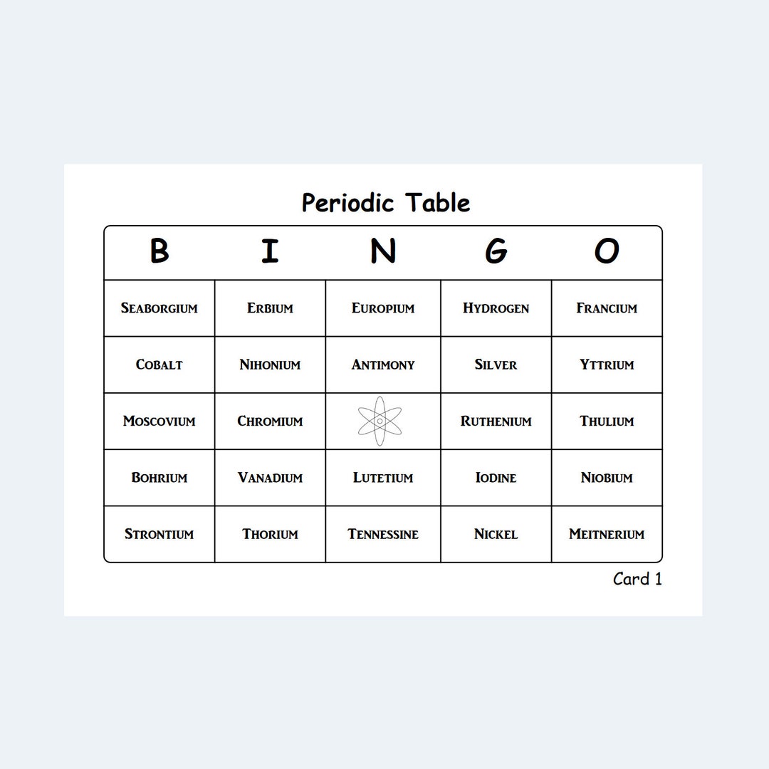 Bingo Cards – Novelty Periodic Table Themed Bingo Cards - Printable ...