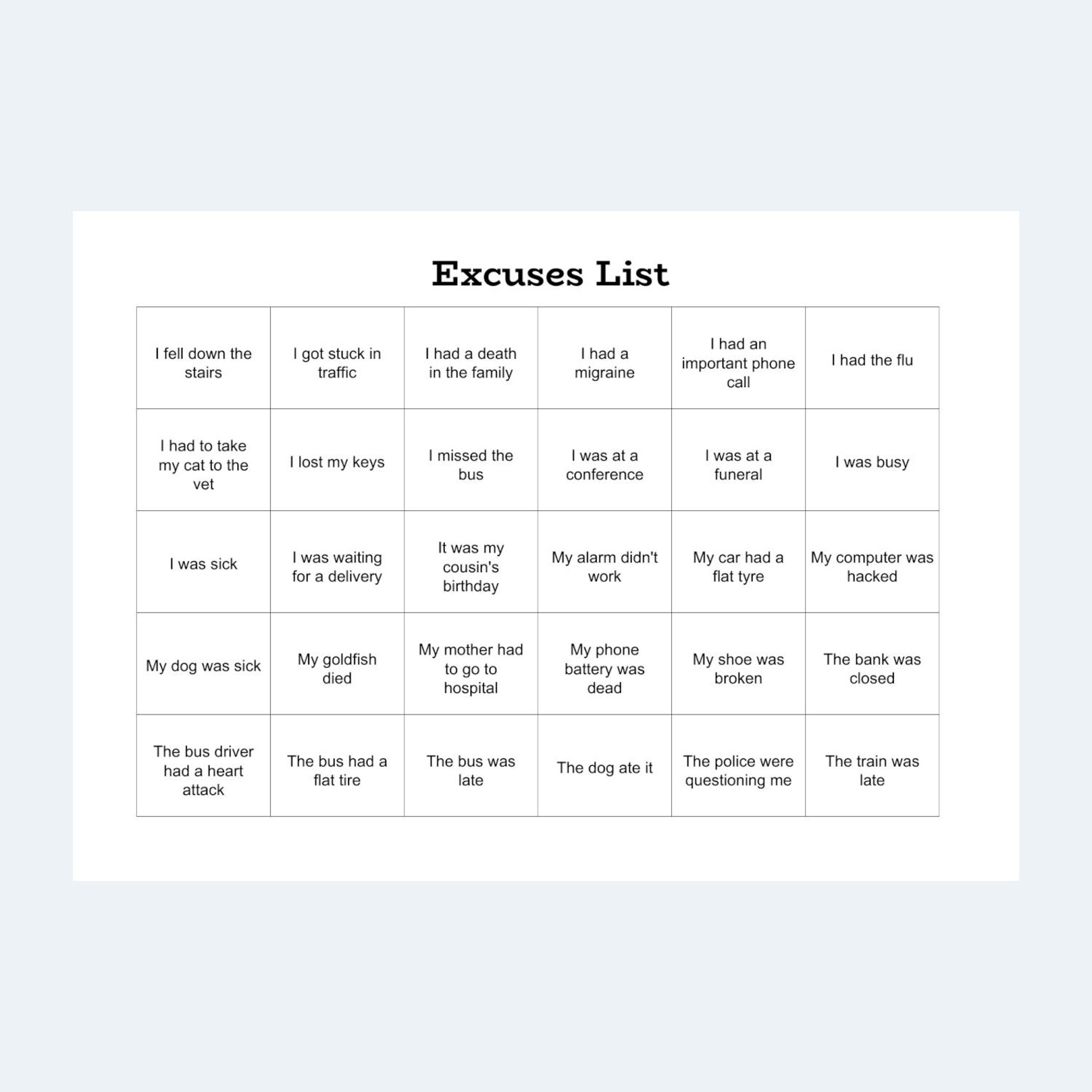 Novelty Bingo Cards – Excuses Bingo! - 1000 Pages - 1 Card per A4 Page ...