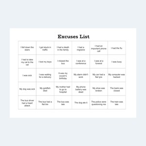 Novelty Bingo Cards – Excuses Bingo! - 1000 Pages - 1 Card per A4 Page ...