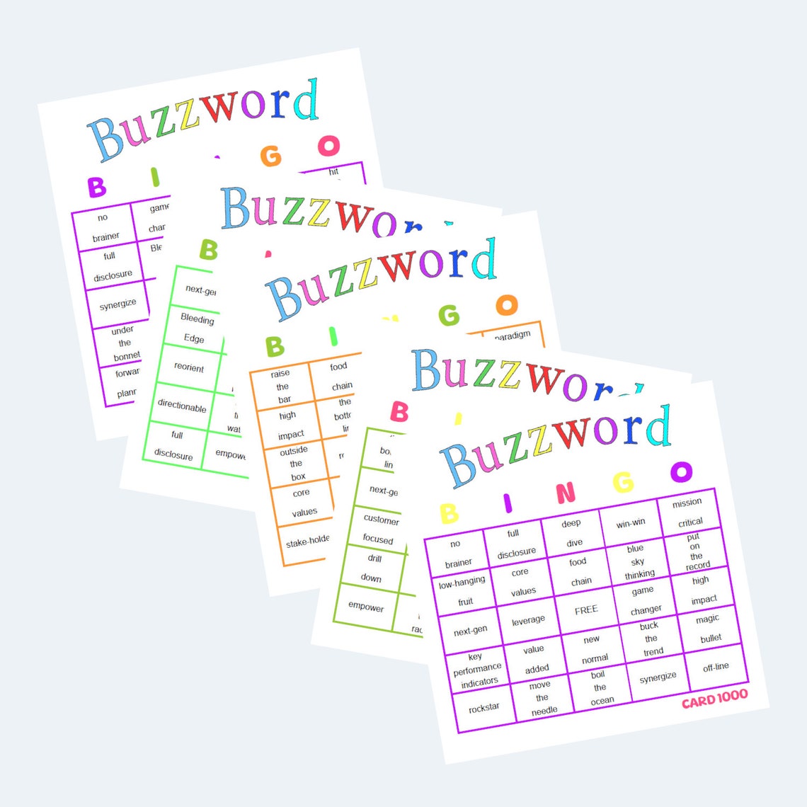 Buzzword Bingo Cards – Colorful Printable Bingo Cards 2 per Page - 500 ...