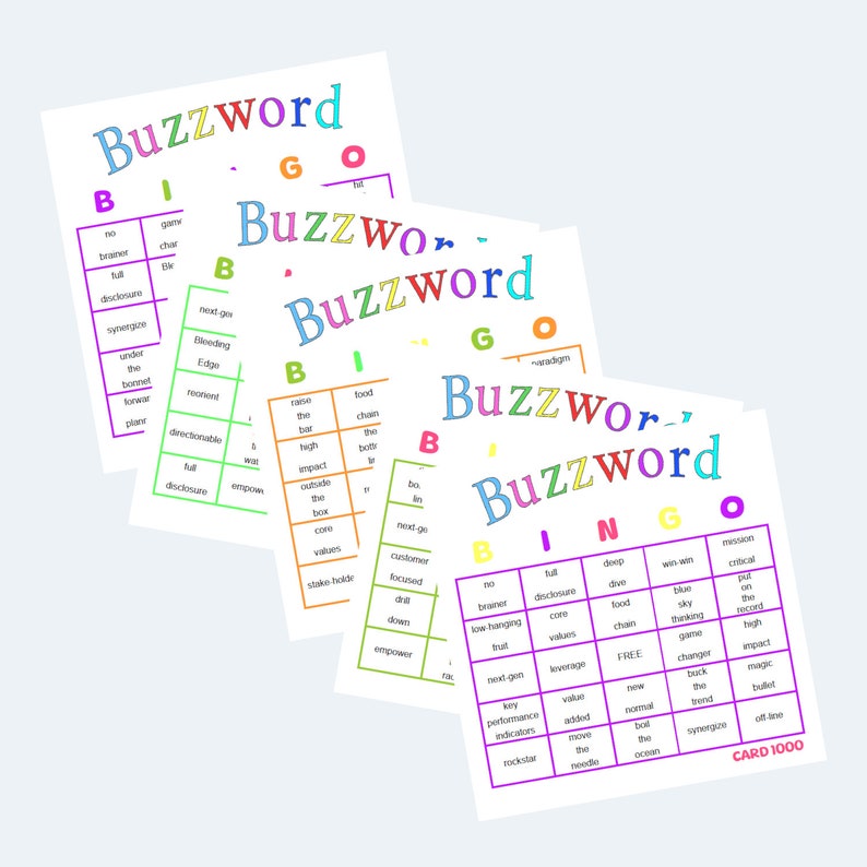 Buzzword Bingo Cards – Colorful Printable Bingo Cards 2 per Page - 500 ...