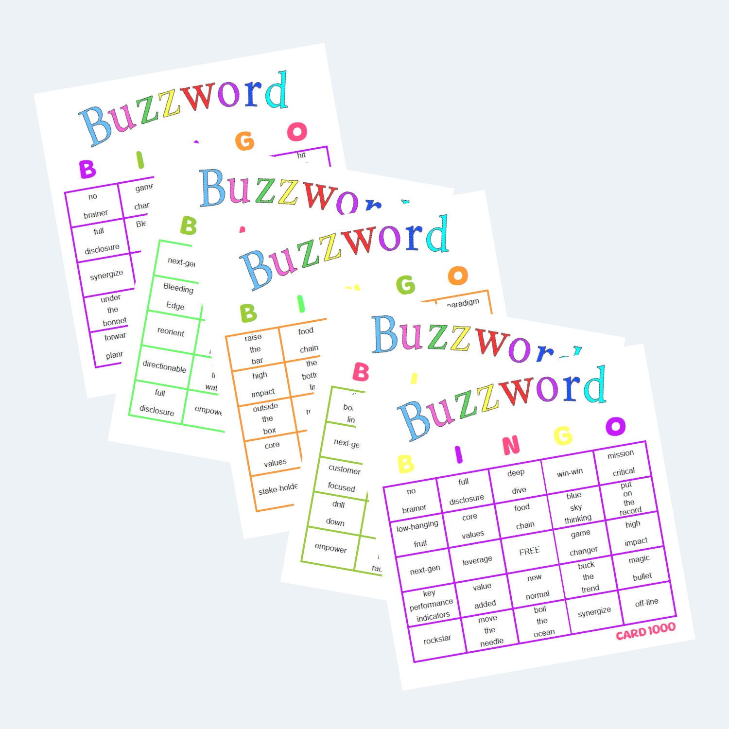 Buzzword Bingo Cards – Colorful Printable Bingo Cards 2 per Page - 500 ...