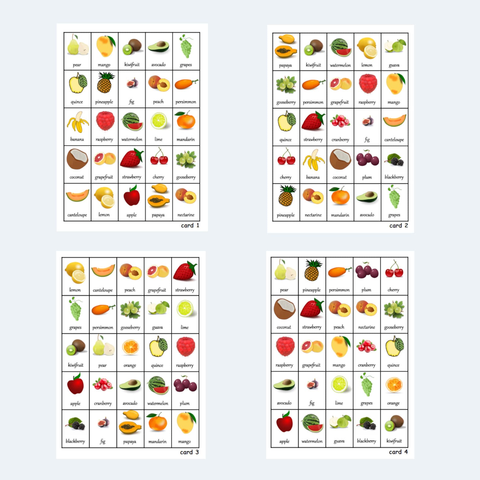 Bingo Cards – Fruity Bingo Cards! – 100 Colorful Fruit Bingo Cards ...