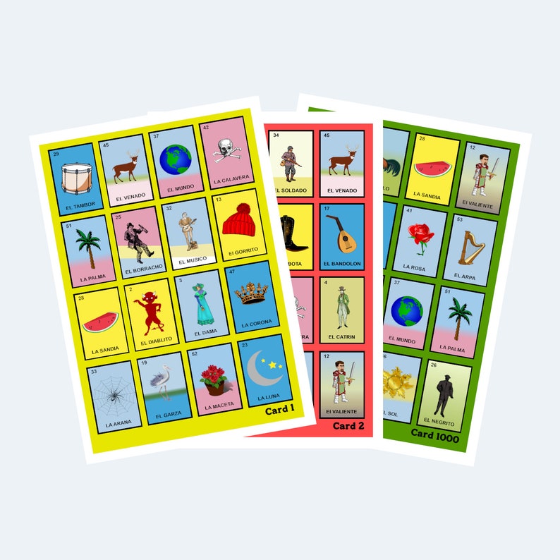 Loteria Cards - Color Printable Loteria Cards - 2 per Page – 1000 Cards ...