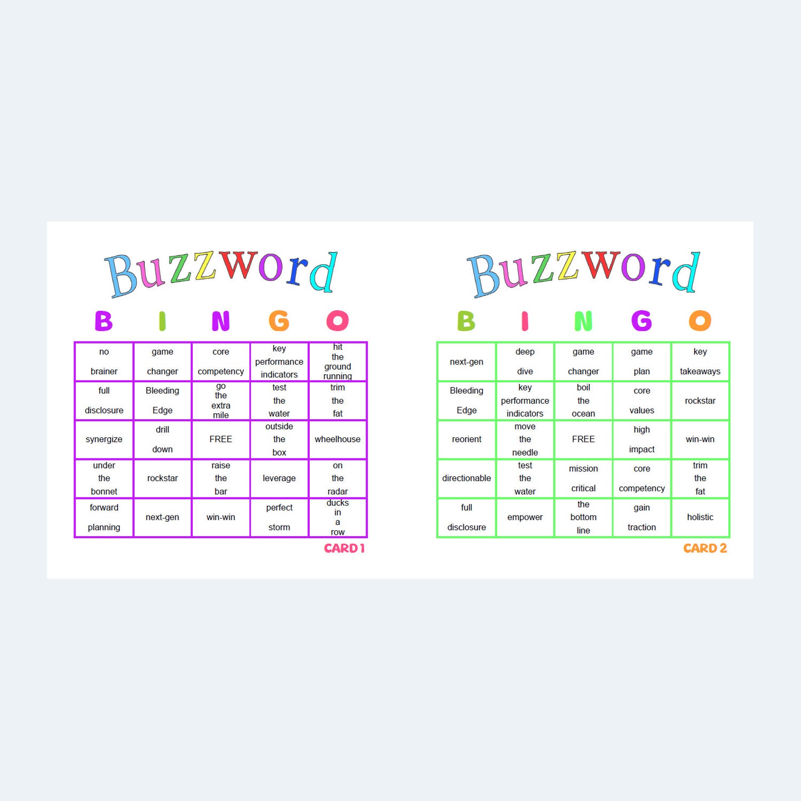 Buzzword Bingo Cards – Colorful Printable Bingo Cards 2 per Page - 500 ...