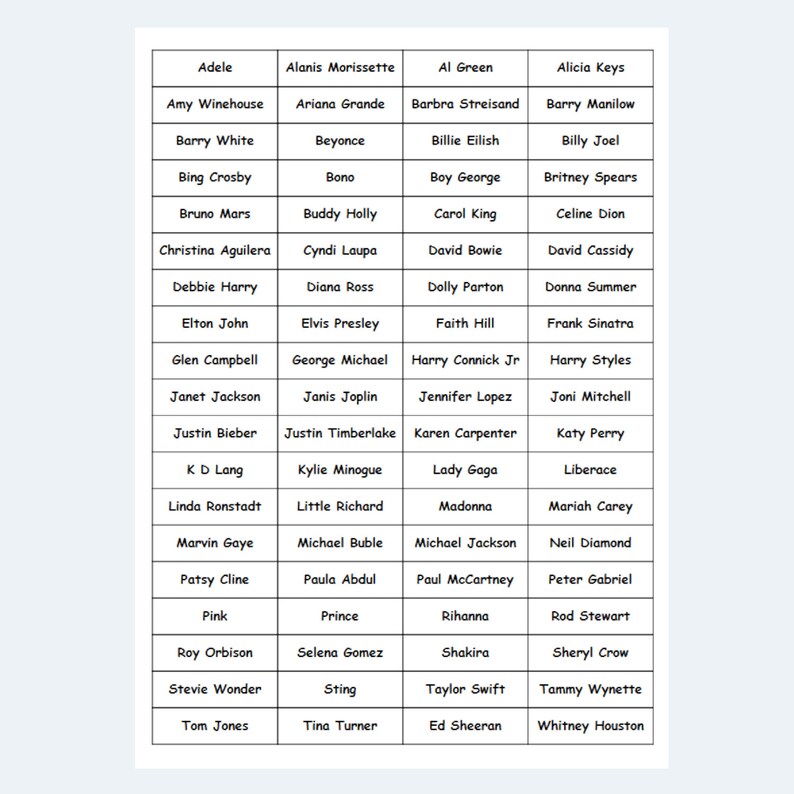 Bingo Cards – Pop Star Themed Bingo Cards - Printable Bingo Cards – 1 ...
