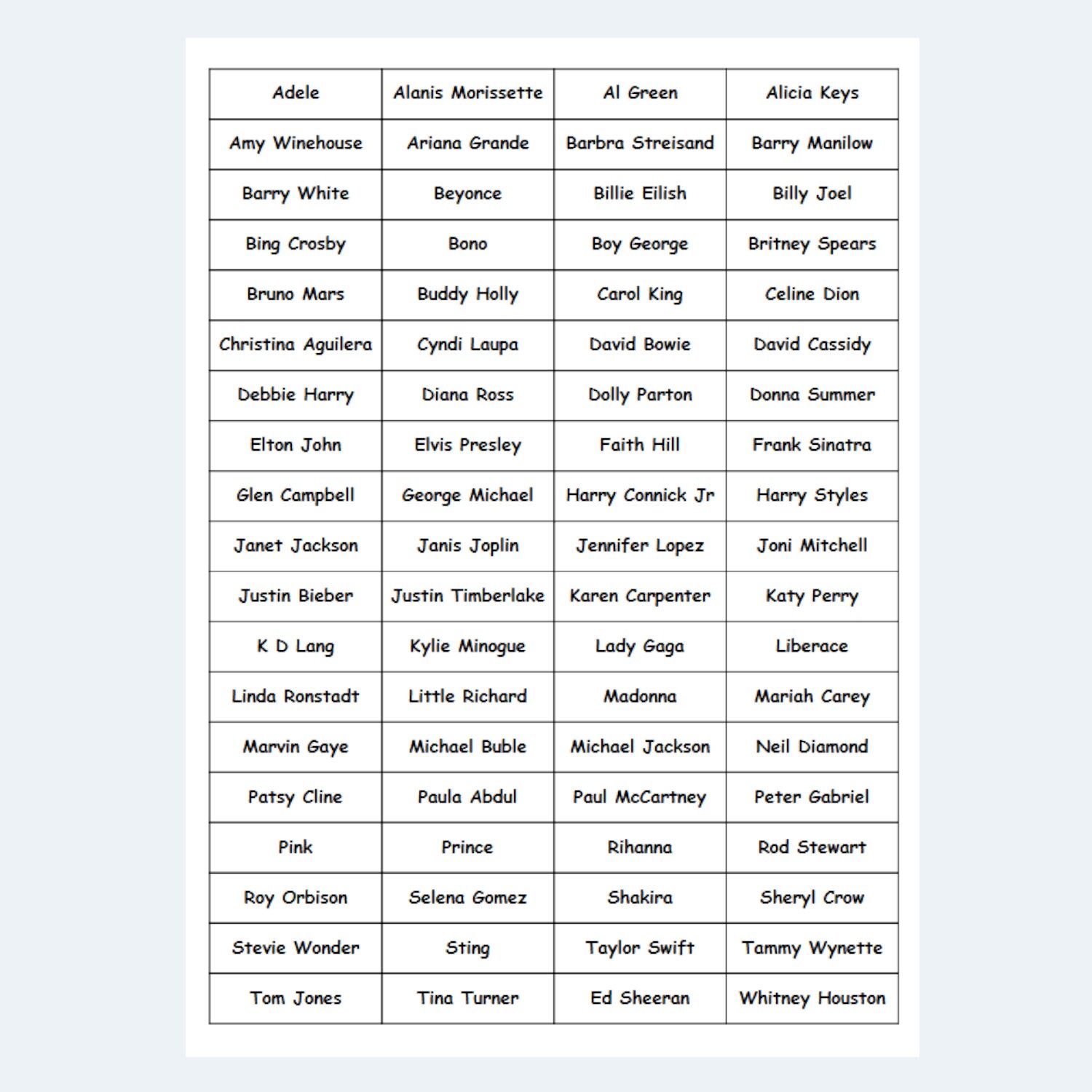 Bingo Cards Pop Star Themed Bingo Cards Printable Bingo Cards 1 per ...