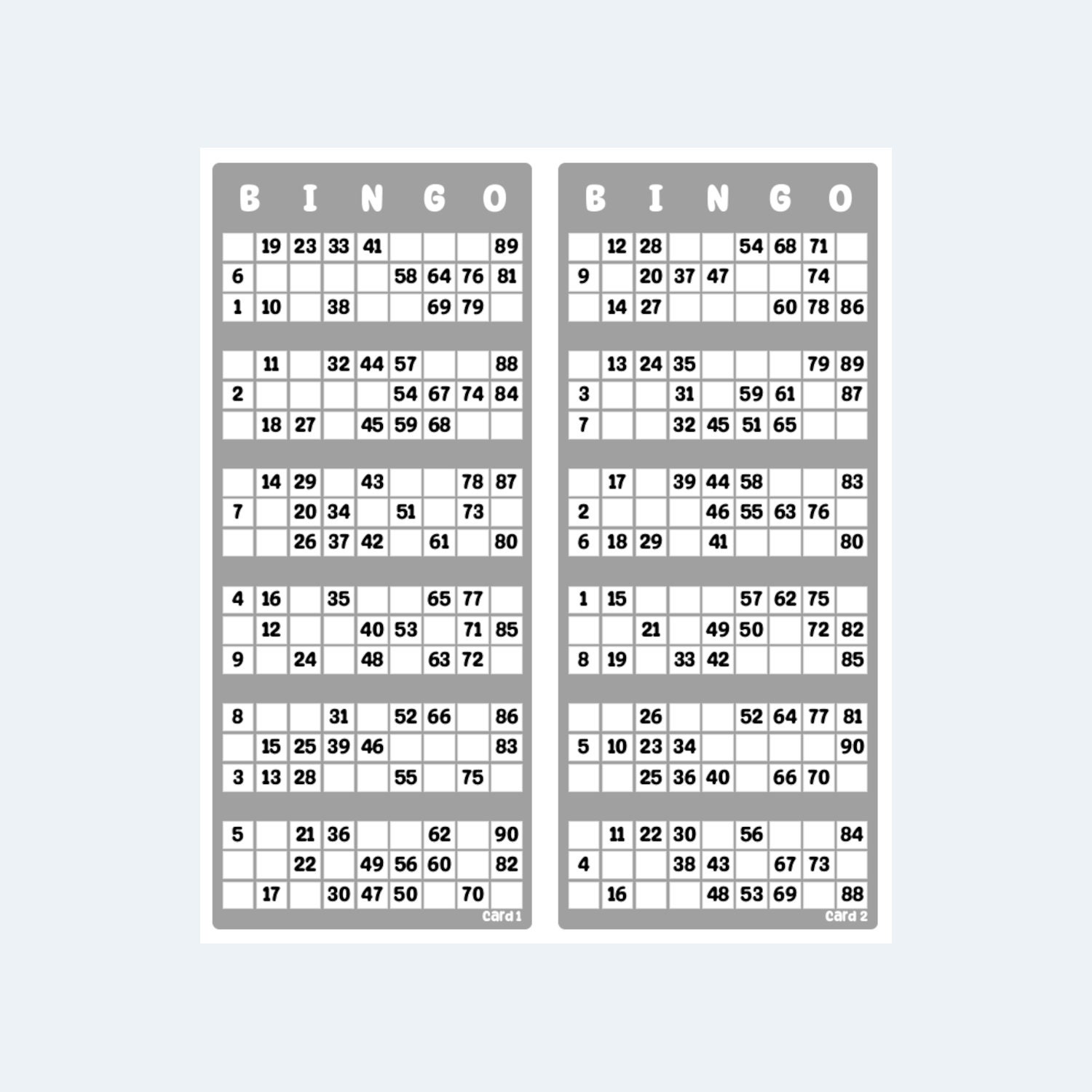 Printable UK Style 1-90 Bingo Ticket Cards, 2 per Page, 500 Pages ...