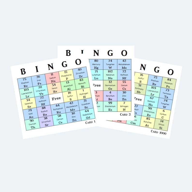 Bingo Cards – Periodic Table Novelty Bingo Cards - Printable Bingo ...