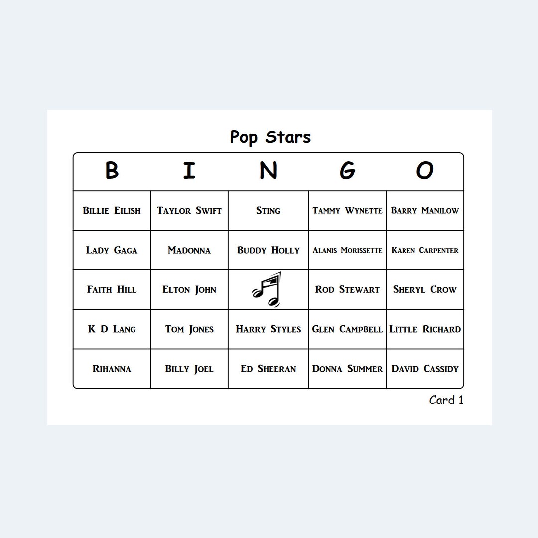 Bingo Cards – Pop Star Themed Bingo Cards - Printable Bingo Cards – 1 ...