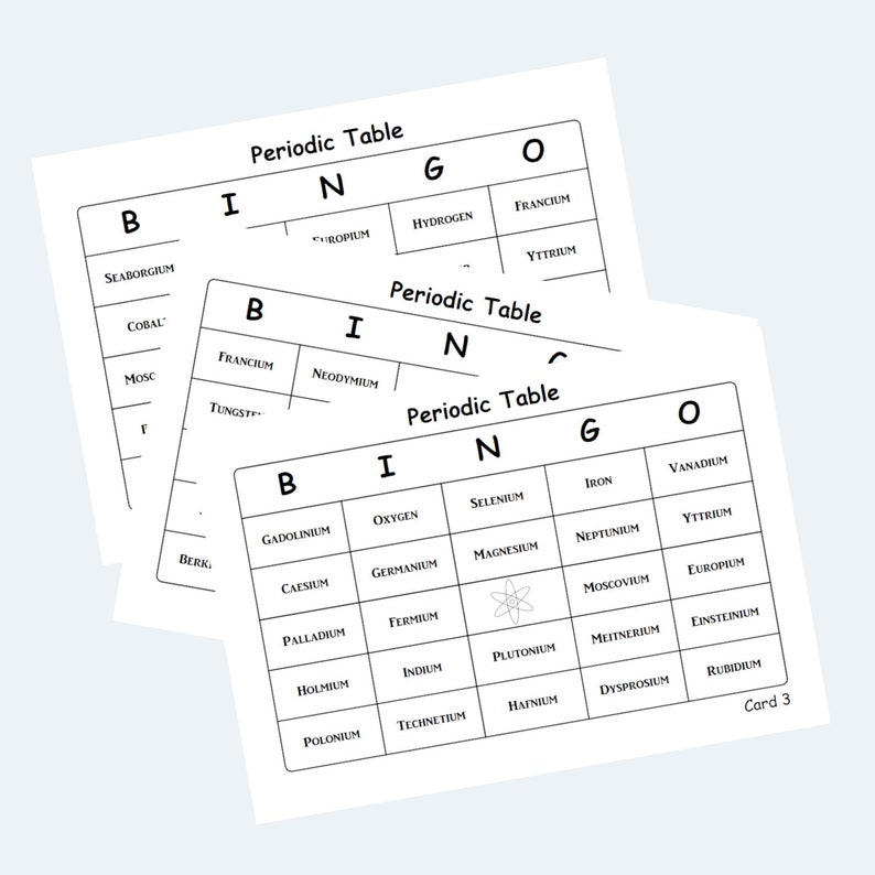 Bingo Cards – Novelty Periodic Table Themed Bingo Cards - Printable ...
