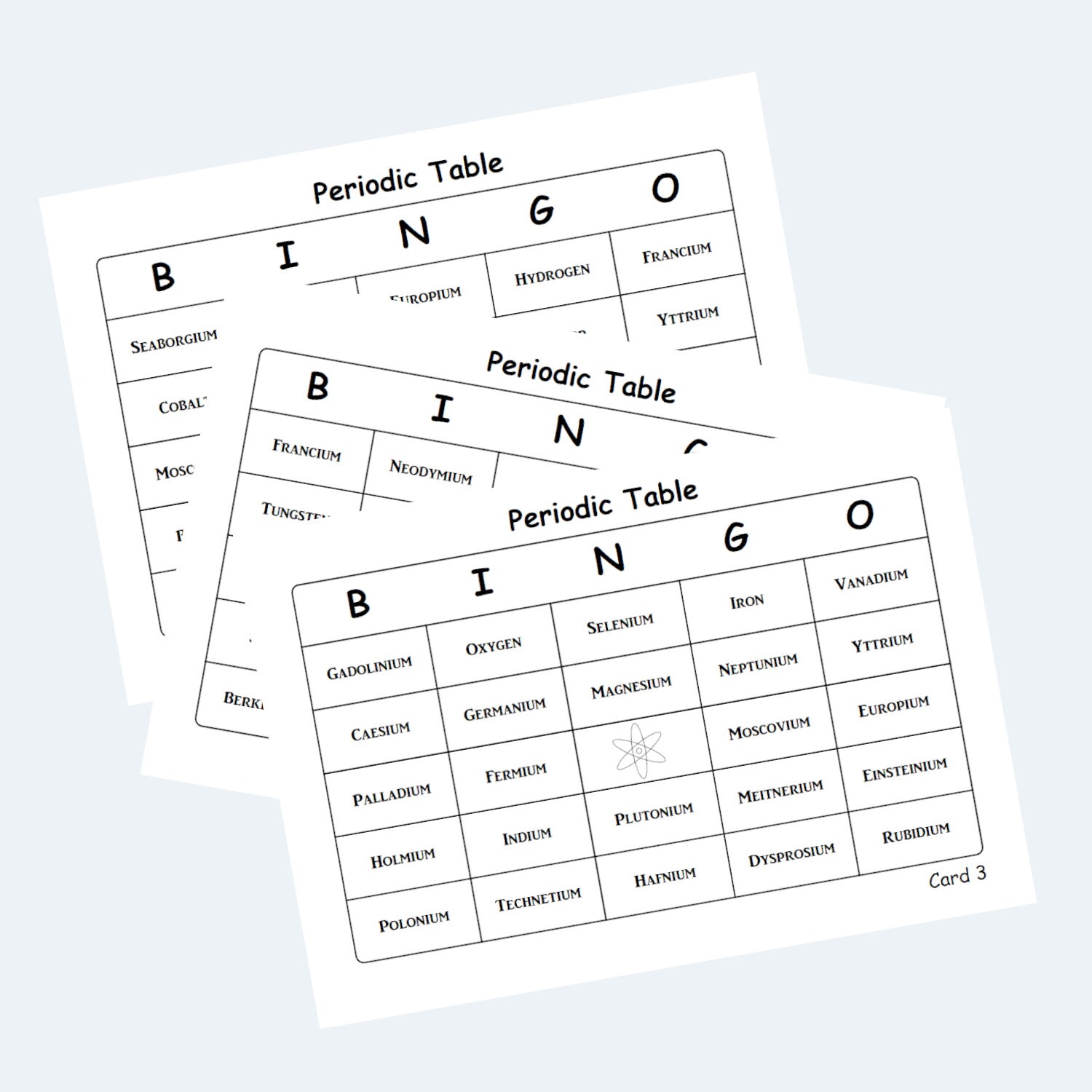 Bingo Cards – Novelty Periodic Table Themed Bingo Cards - Printable ...