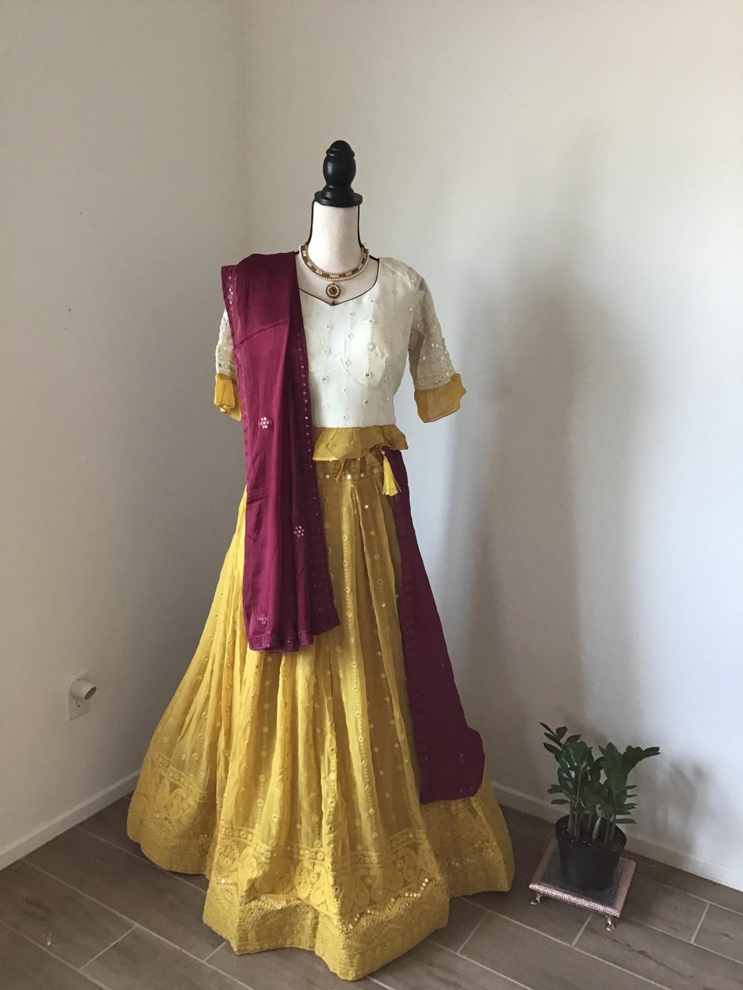 Lehehga Choli Beautiful Color Combination of Yellow, Maroon and White ...