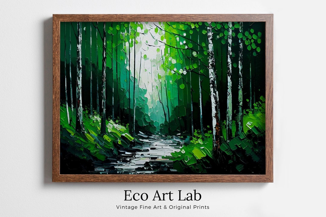 Green Forest Trees Painting Print. Textured Forest Landscape Printable ...