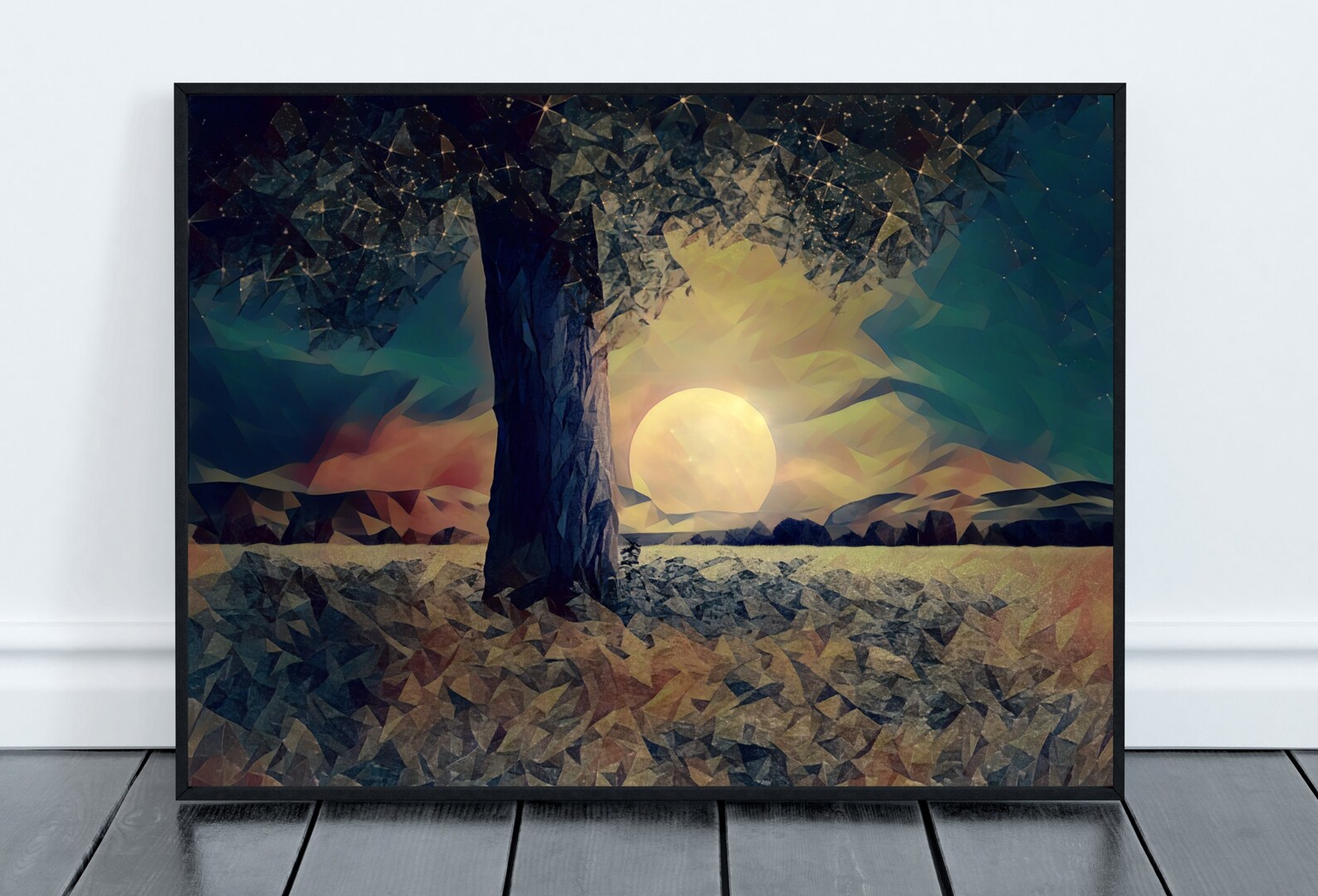 Big Moon and Tree Landscape Painting, Polygons Printable Wall Art, for ...