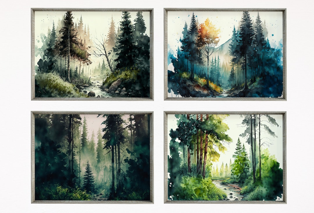 Set of 4 Watercolor Forests Landscape Art. Printable Wall Art. Digital ...