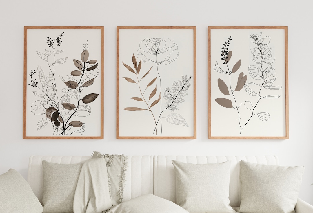 Botanical Line Art Set of 3 Prints. Neutral Wall Art Prints. Plant ...