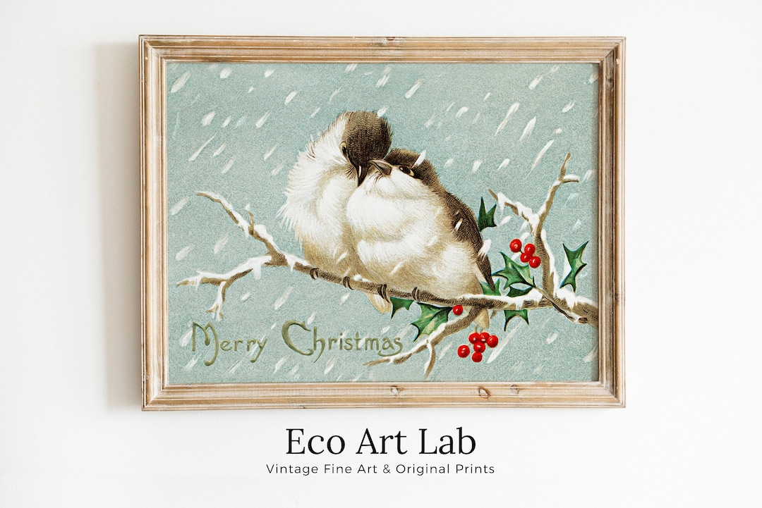 Vintage Merry Christmas Birds Postcard. Retro Christmas Decoration. Printable Wall Art Instant ...