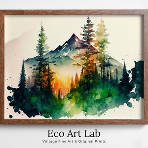 Colorful Forest & Mountain Watercolor Painting. Forest Trees Landscape ...