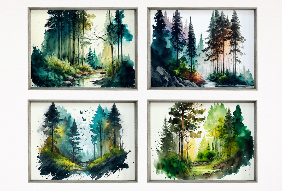 Set of 4 Watercolor Forests Landscape Art. Printable Wall Art. Gallery ...