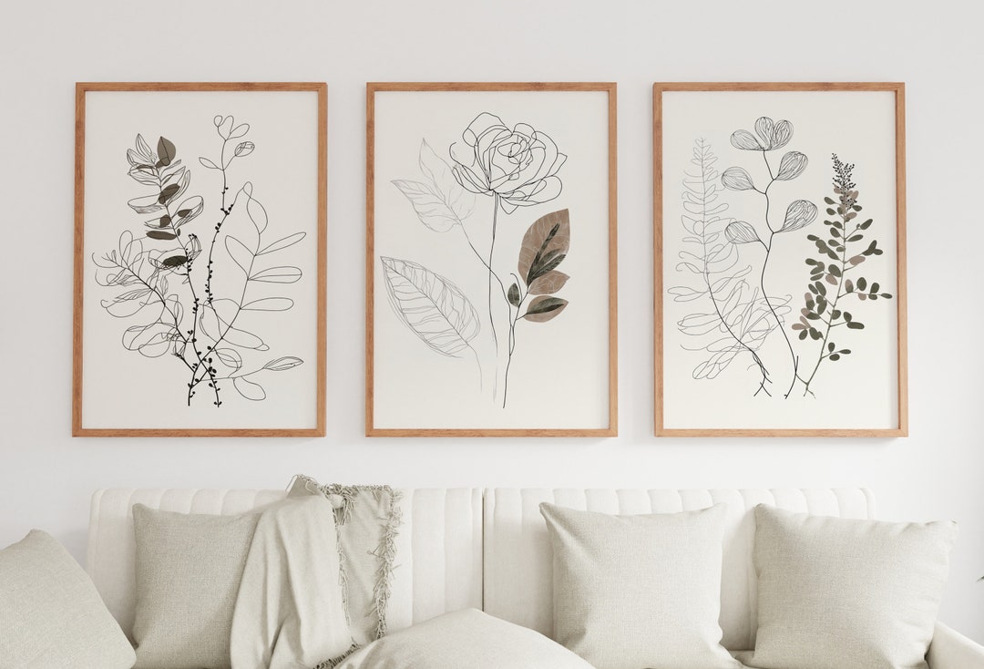Botanical Line Art Set of 3 Prints. Neutral Wall Art Prints. Plant ...