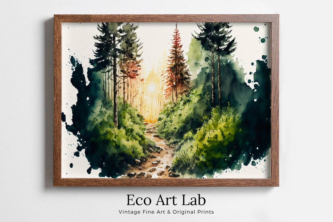 Watercolor Forest Landscape Printable. Green Forest Trees Painting ...