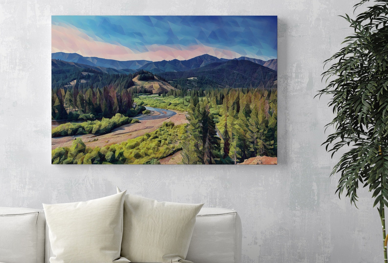 Abstract Mountain View Landscape Painting, Polygons Printable Wall Art ...