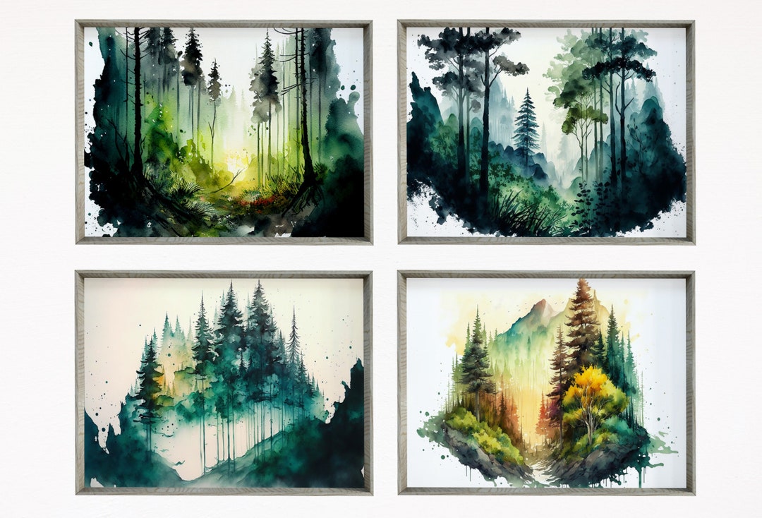 Set of 4 Watercolor Forests Landscape Art. Printable Wall Art. Nature ...