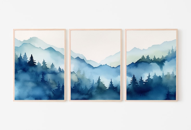 Mountain Print Set of 3 Watercolor Blue Mountain Abstract - Etsy