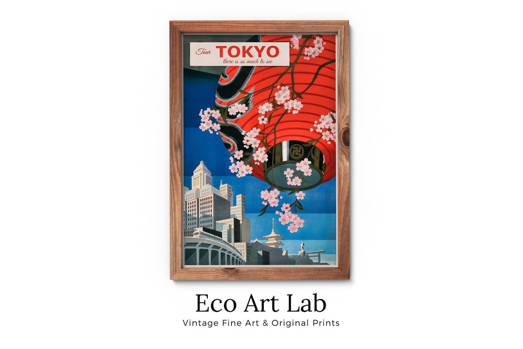 Japan, Tokyo Retro Vintage Travel Poster With Paper Lantern, Rail, City ...