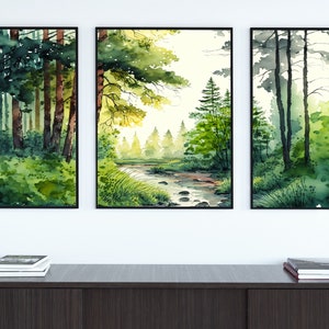 Set of 3 Prints. Watercolor Forest Landscape Prints. 3 Piece Wall Art ...